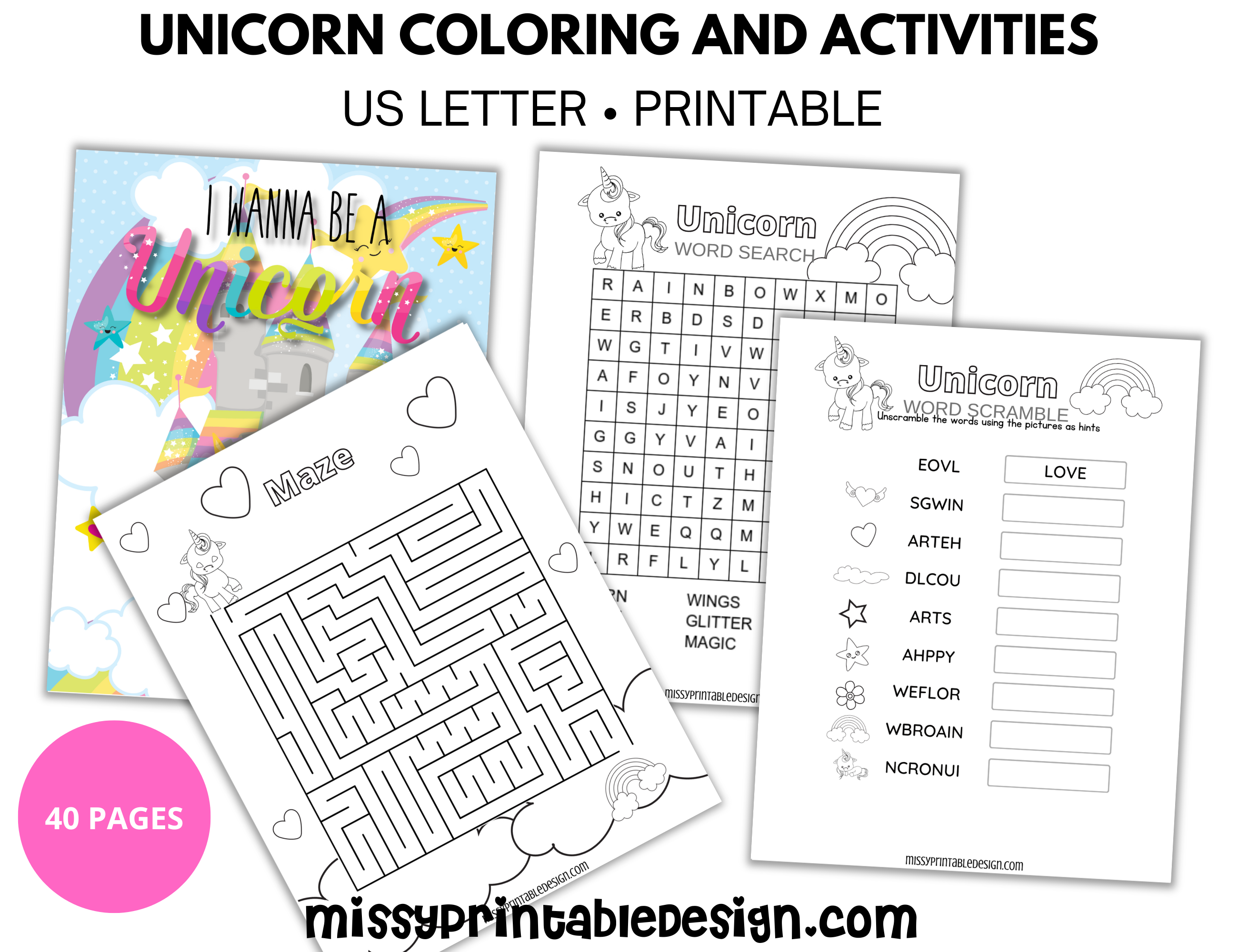 Unicorn Coloring and Activity Pages for Kids – Missy Printable Design, LLC